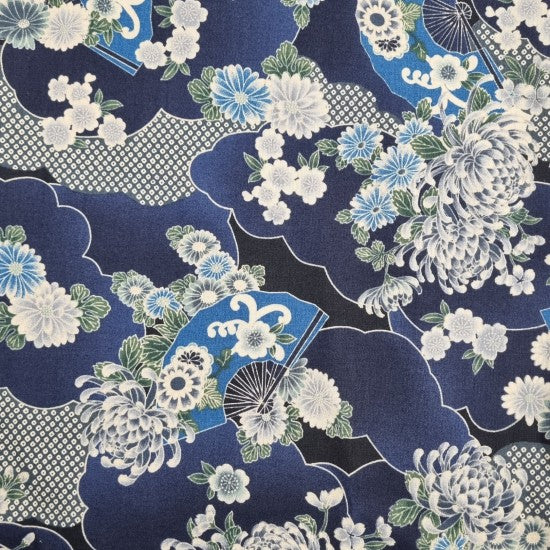Akan - Flowers and Fans - Navy - 66870 101 – gjsdiscountfabrics.com.au